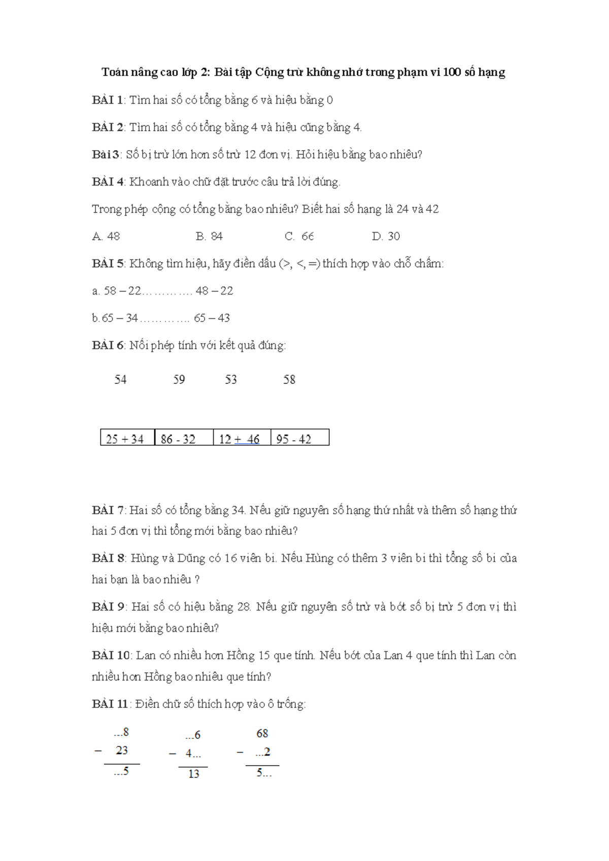 Toan nang cao lop 2 bai tap cong tru khong nho trong pham vi 100 so hang - Toán nâng cao lớp 2 ...