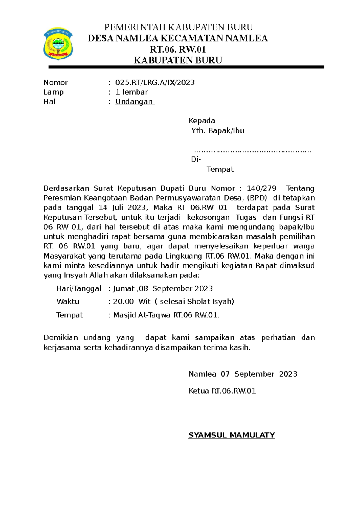 Undangan RT - SDFGGFSGSG - PEMERINTAH KABUPATEN BURU DESA NAMLEA ...