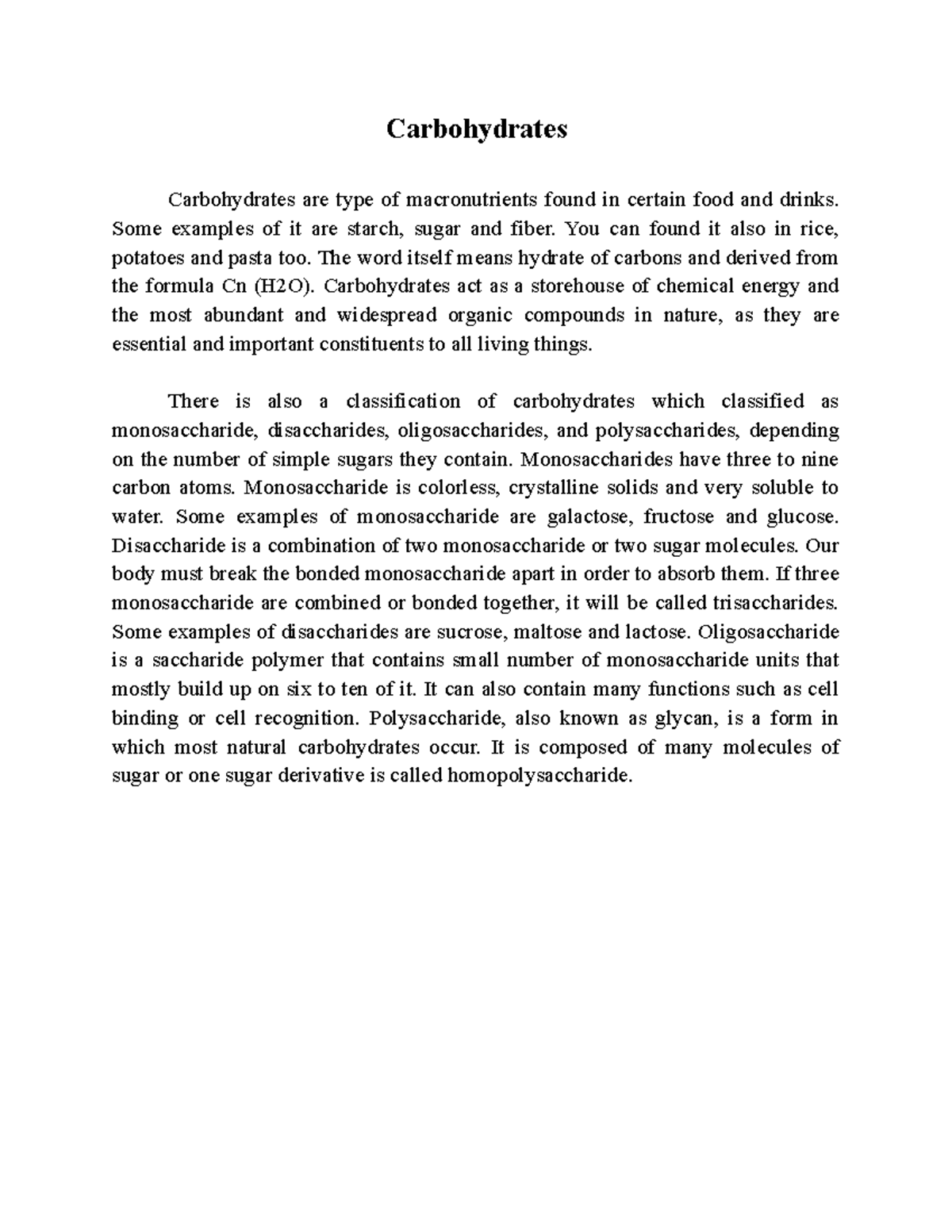 Biochem Lab Assignment - Carbohydrates Carbohydrates are type of ...