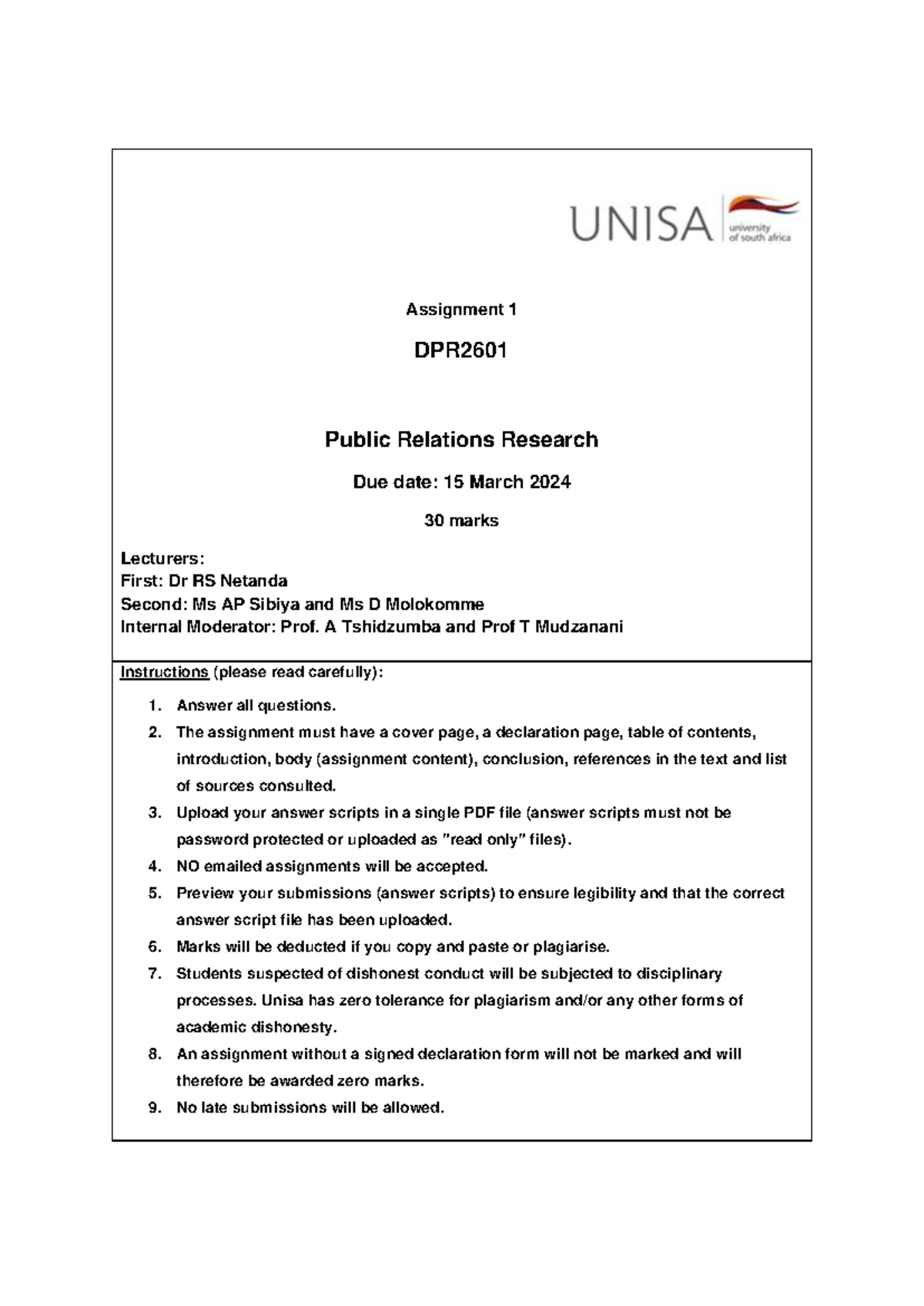 DPR2601 2024 S1 Assignment 1 Questions - Assignment 1 DPR260 1 Public ...