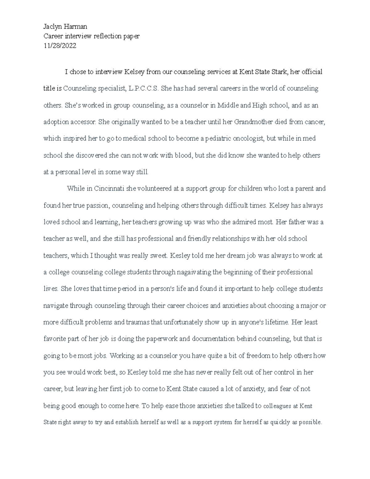 Career interview essay - Jaclyn Harman Career interview reflection ...