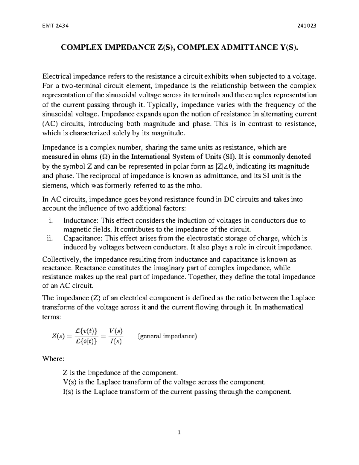 Complex impedance and admittance 241023 - COMPLEX IMPEDANCE Z(S), COMPLEX ADMITTANCE Y(S). - Studocu