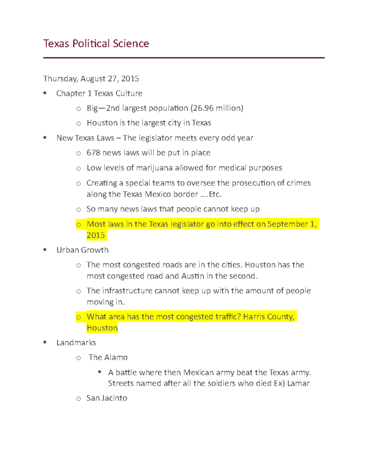 Exam 1 - Texas Political Science Thursday, August 27, 2015 Chapter 1 ...