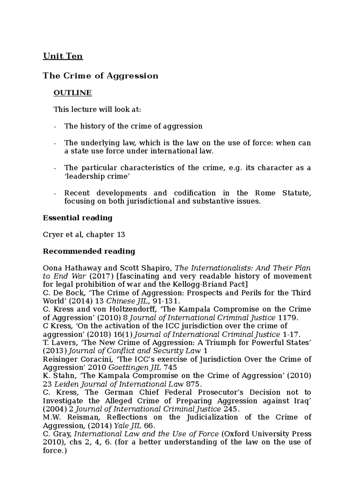 L10 Reading - Unit Ten The Crime of Aggression OUTLINE This lecture ...