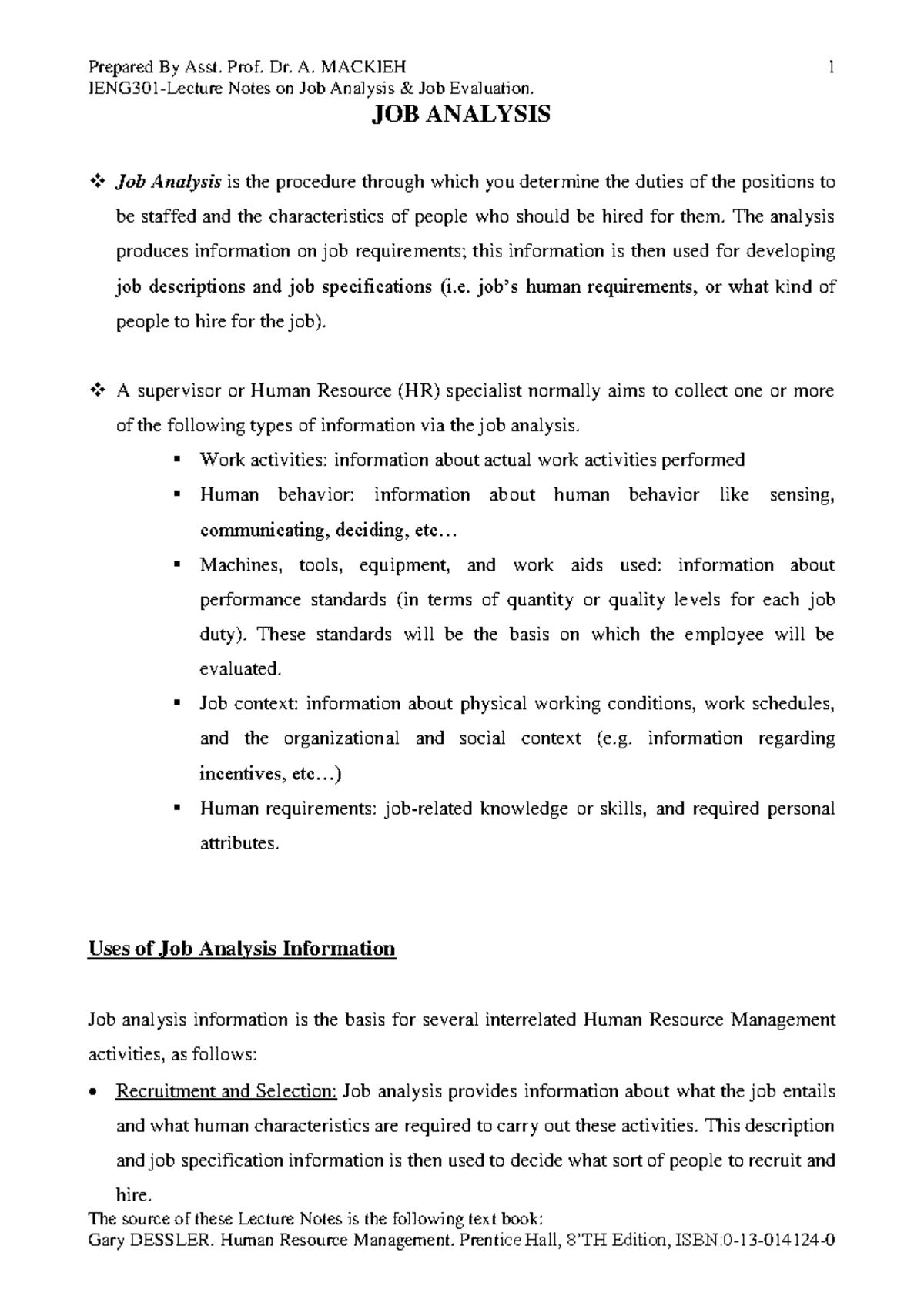 Job Anlsis and Eval - IENG301-Lecture Notes on Job Analysis & Job ...