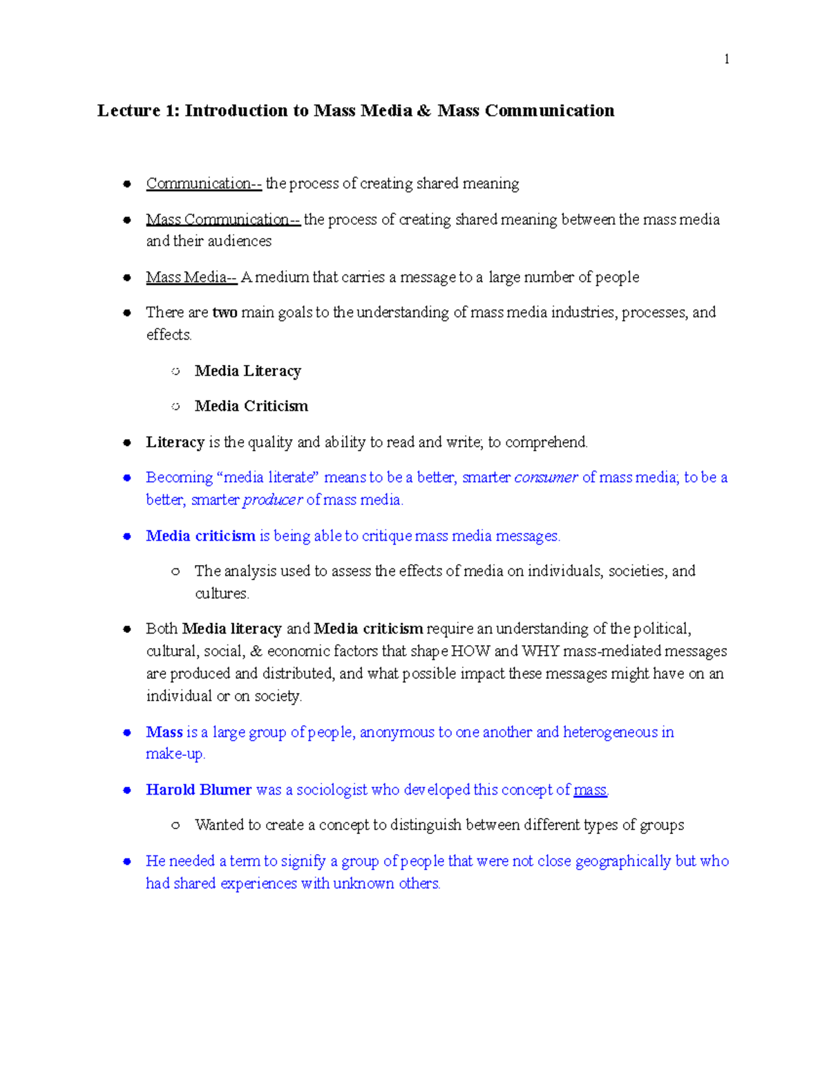 COMM245- Class Notes - Lecture 1: Introduction to Mass Media & Mass ...
