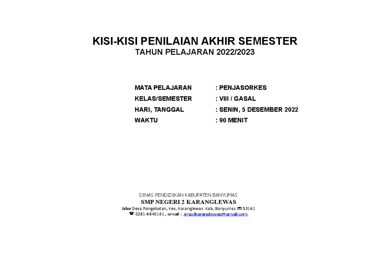 KISI-KISI PAS Kelas 8 22-23 Ganjil - KISI-KISI PENILAIAN AKHIR SEMESTER TAHUN PELAJARAN 2022 ...
