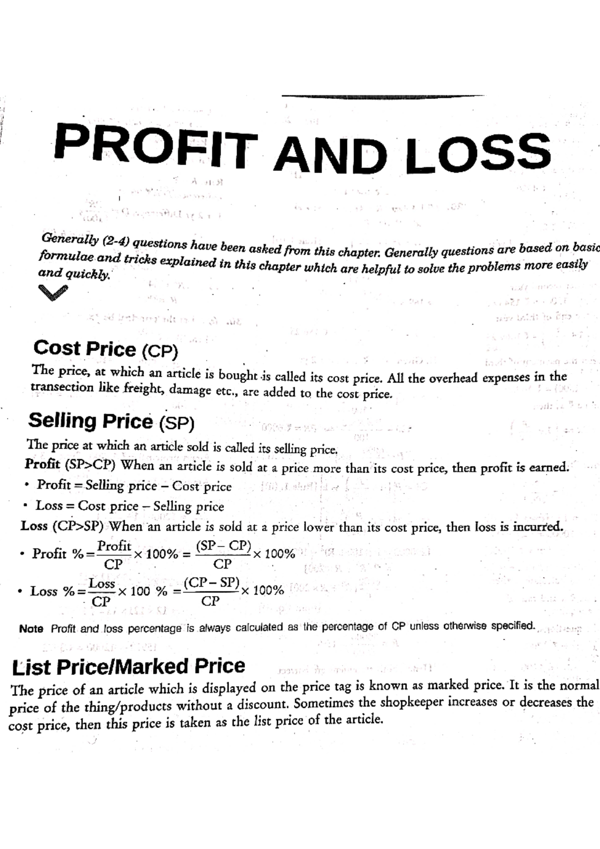 Profit and loss hand written notes with formula - Mathematics - Studocu