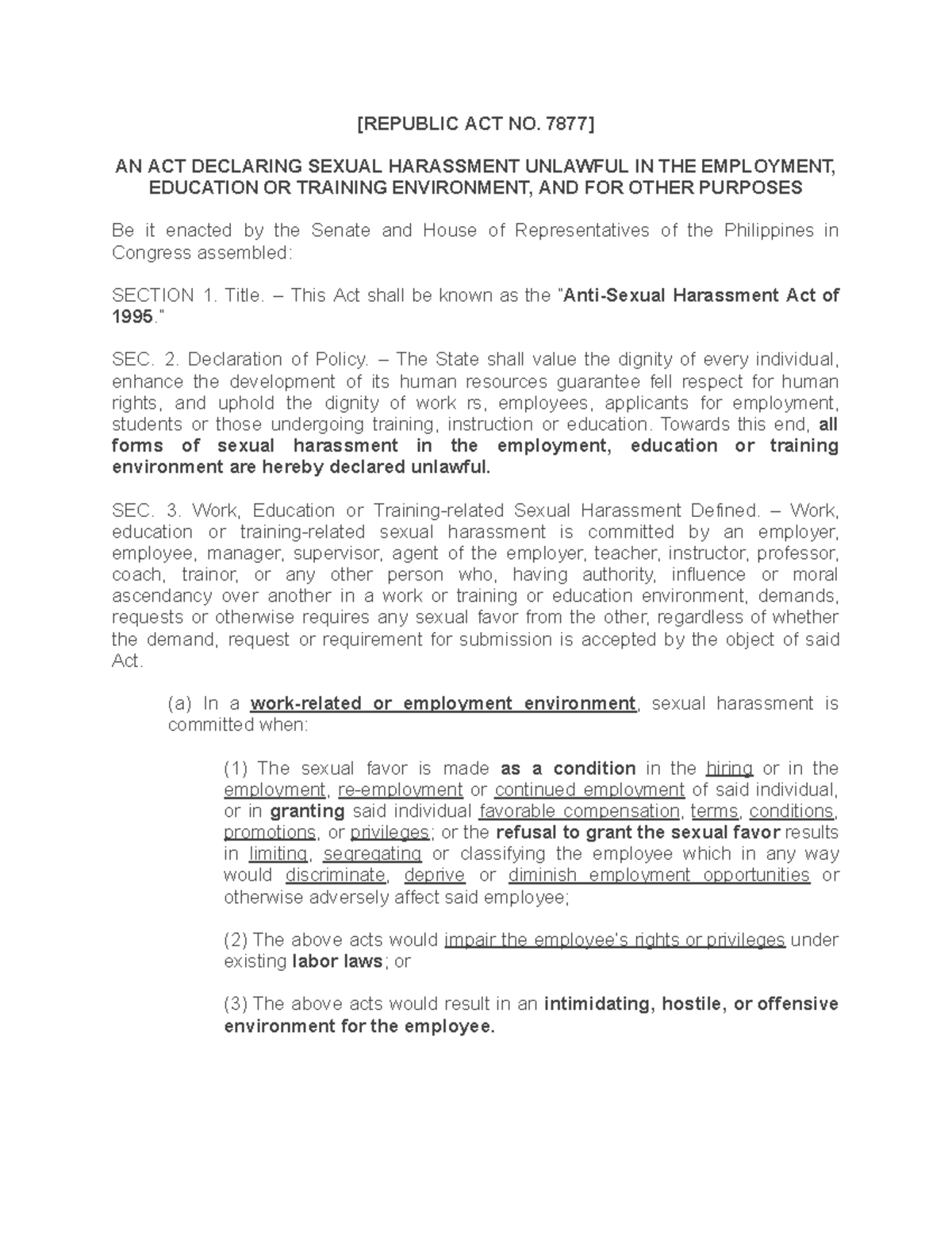 RA-7877 - Lecture notes - [REPUBLIC ACT NO. 7877] AN ACT DECLARING ...