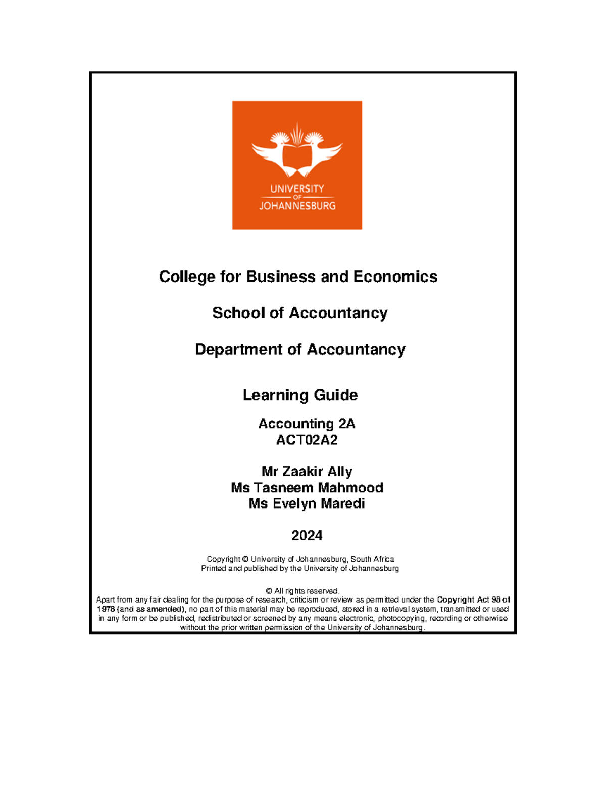 Accounting 2A Learning Guide 2024 - College for Business and Economics ...