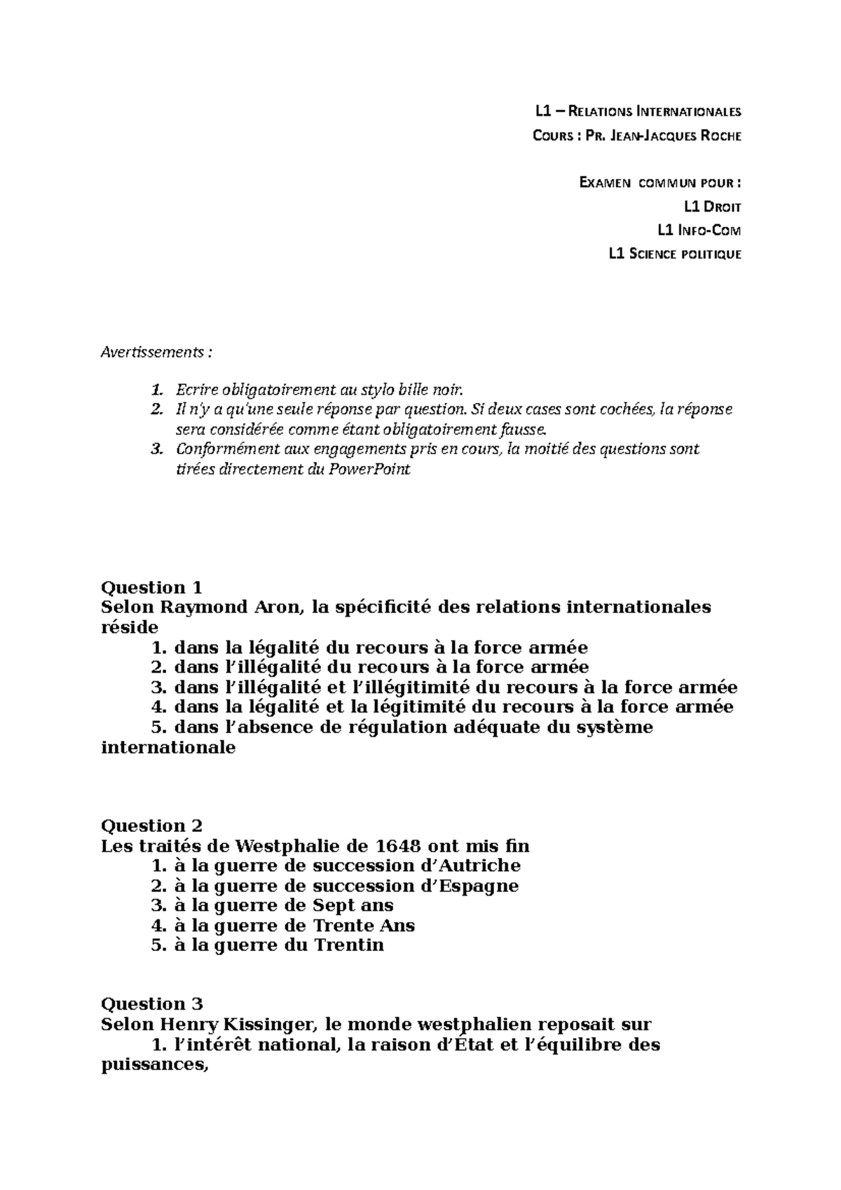 QCM Septembre 2018 - Annales RI - L1 – RELATIONS INTERNATIONALES COURS : PR. JEAN-JACQUES ROCHE ...
