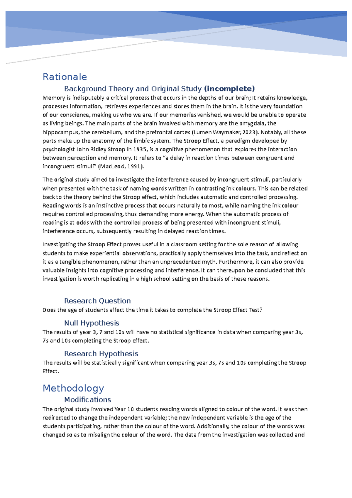 Year 10 Psychology - Rationale Background Theory and Original Study ...