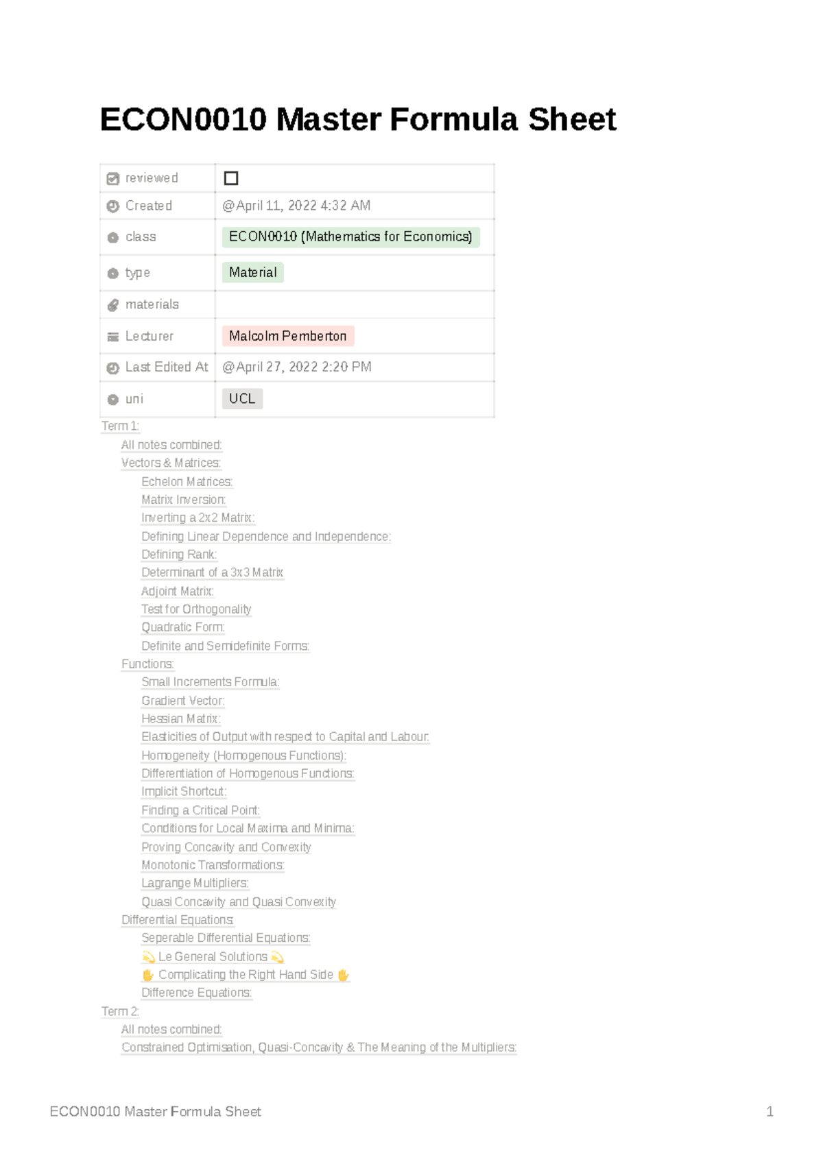 ECON0010 Master Formula Sheet - ECON0010 Master Formula Sheet reviewed ...