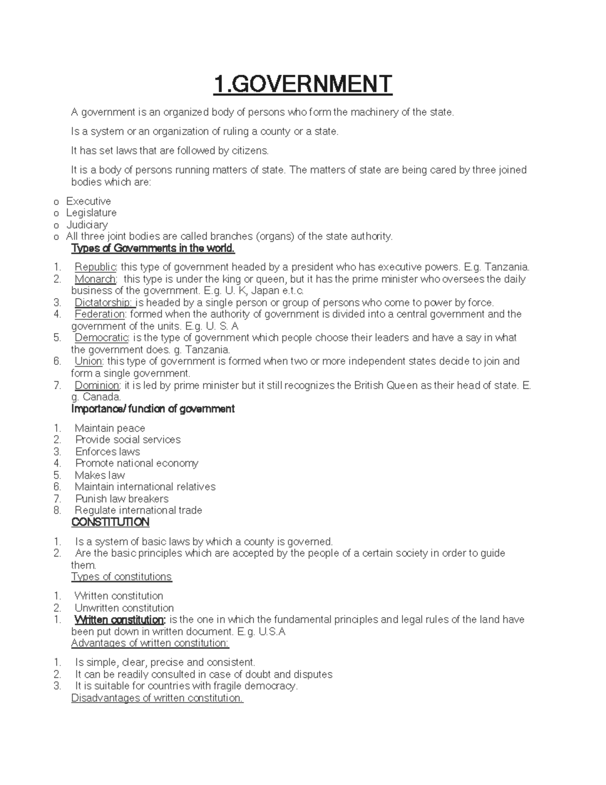 Civics Notes Form Two - 1 A government is an organized body of persons ...
