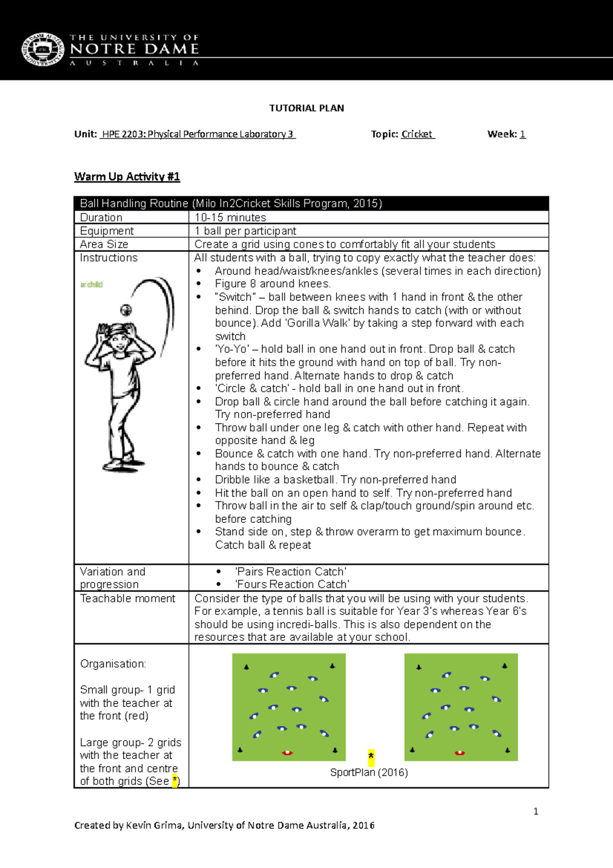 Cricket- tutorial W1 - TUTORIAL PLAN Unit: HPE 2203: Physical ...