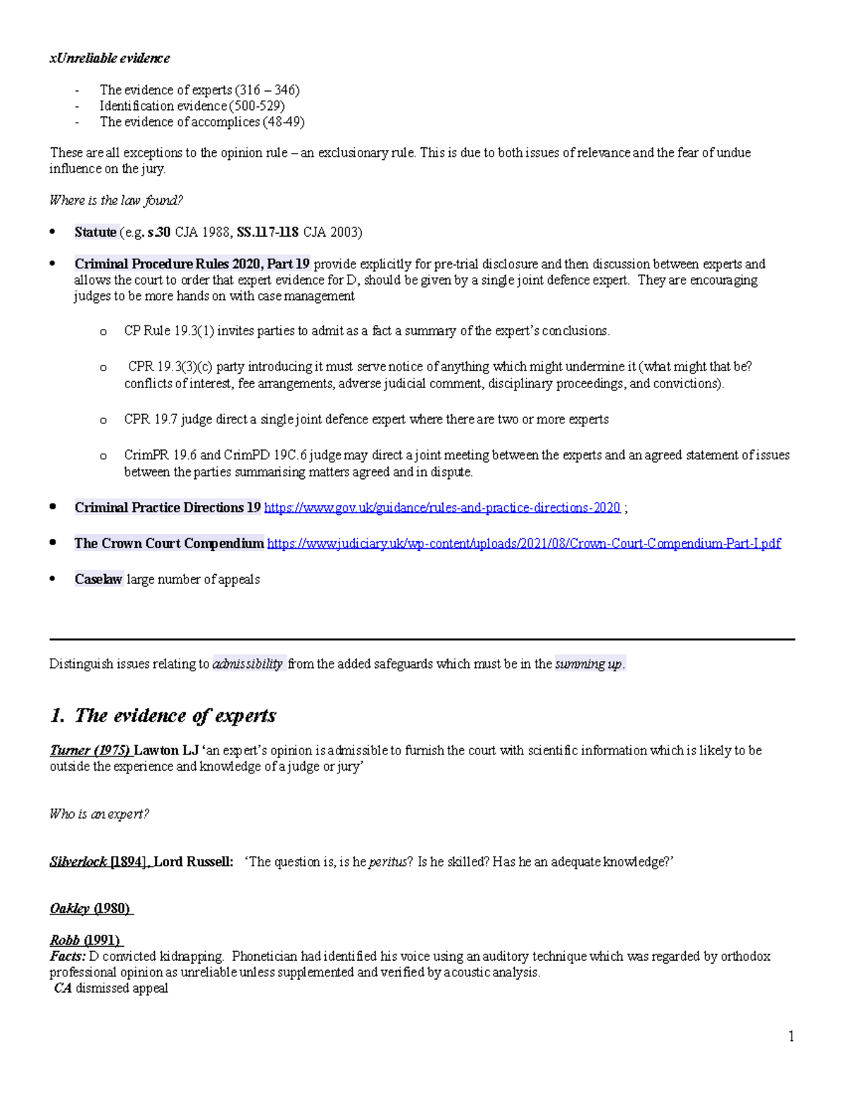 Unreliable evidence - BRIEF NOTES - xUnreliable evidence The evidence ...