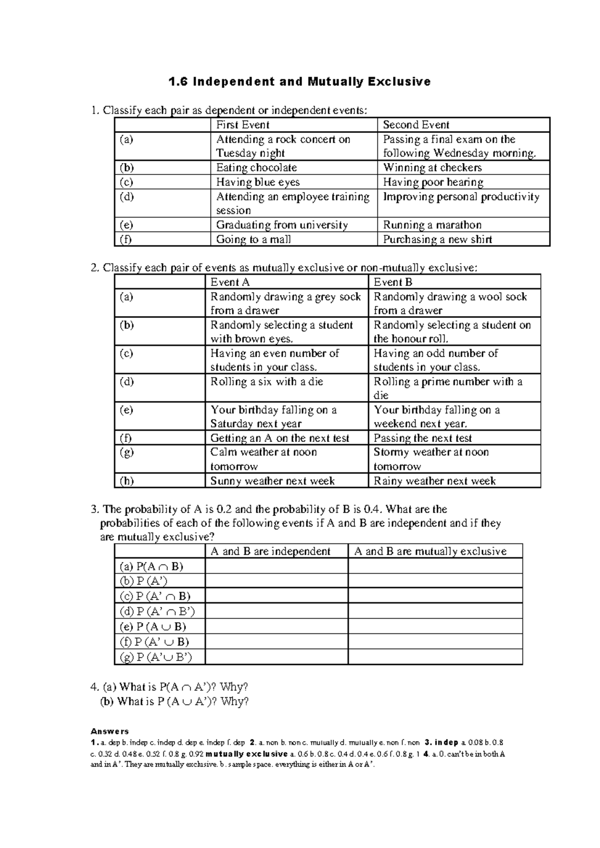 1 - prob - 1 Independent and Mutually Exclusive 1. Classify each pair ...