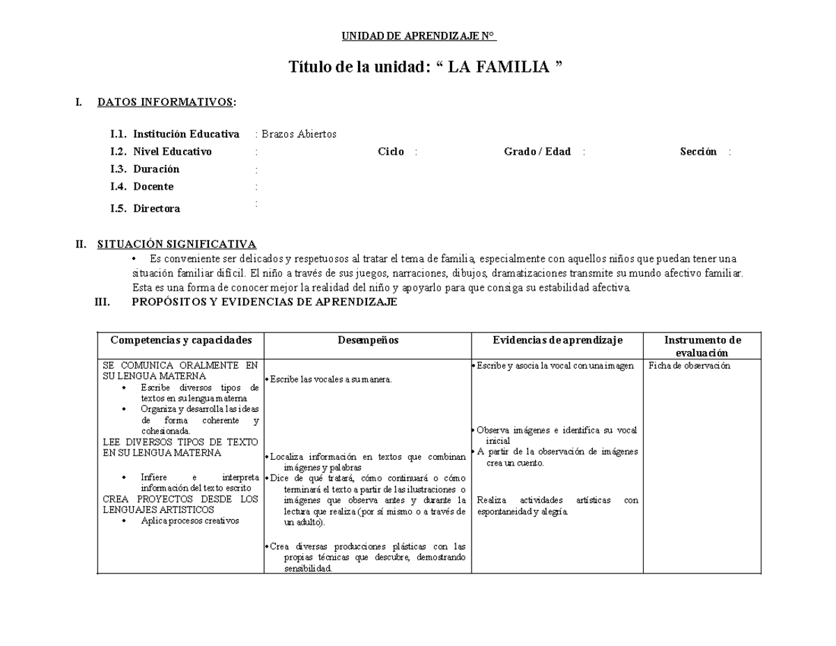Unidad Familia - UNIDAD DE APRENDIZAJE N° Título de la unidad: “ LA ...