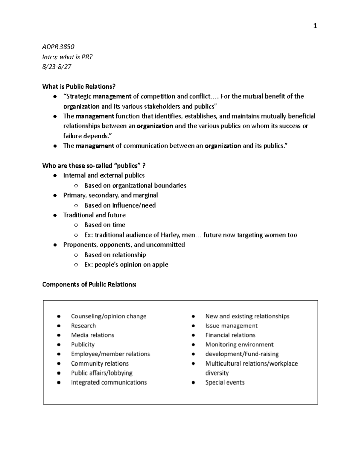 PR Exam 1 Lectures 1-4 Fall 2021 Cacciatore - ADPR 3850 Intro; what is ...