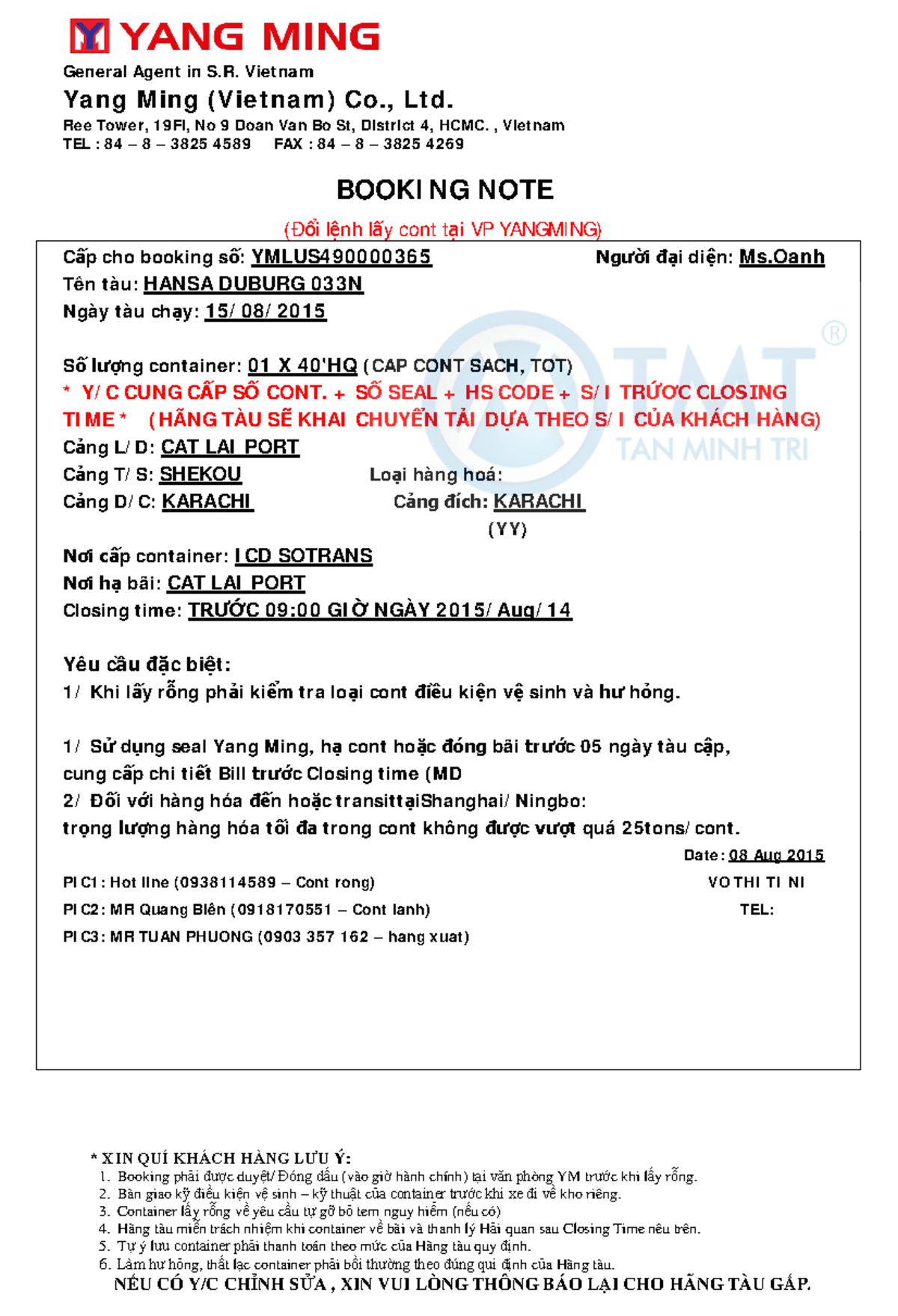 Booking note - Yang MIng - General Agent in S. Vietnam Yang Ming ...