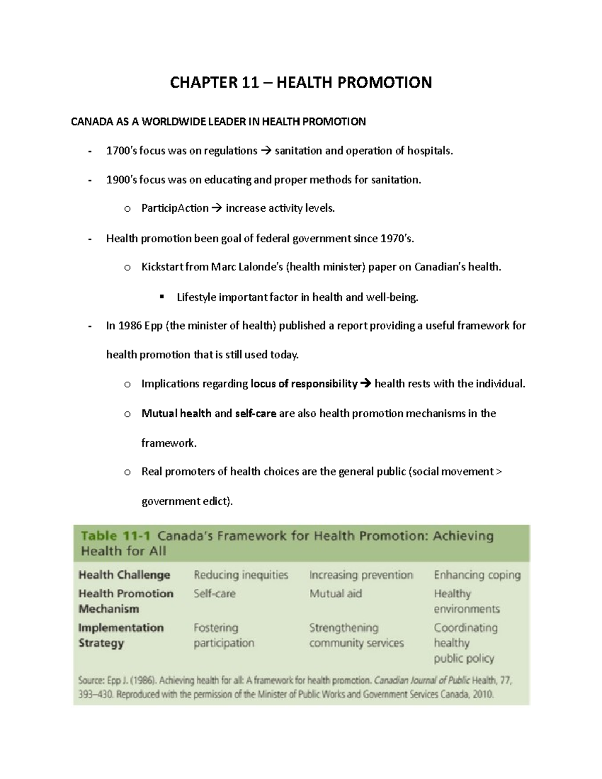 Psych 2036 Chapter 11 - CHAPTER 11 – HEALTH PROMOTION CANADA AS A ...