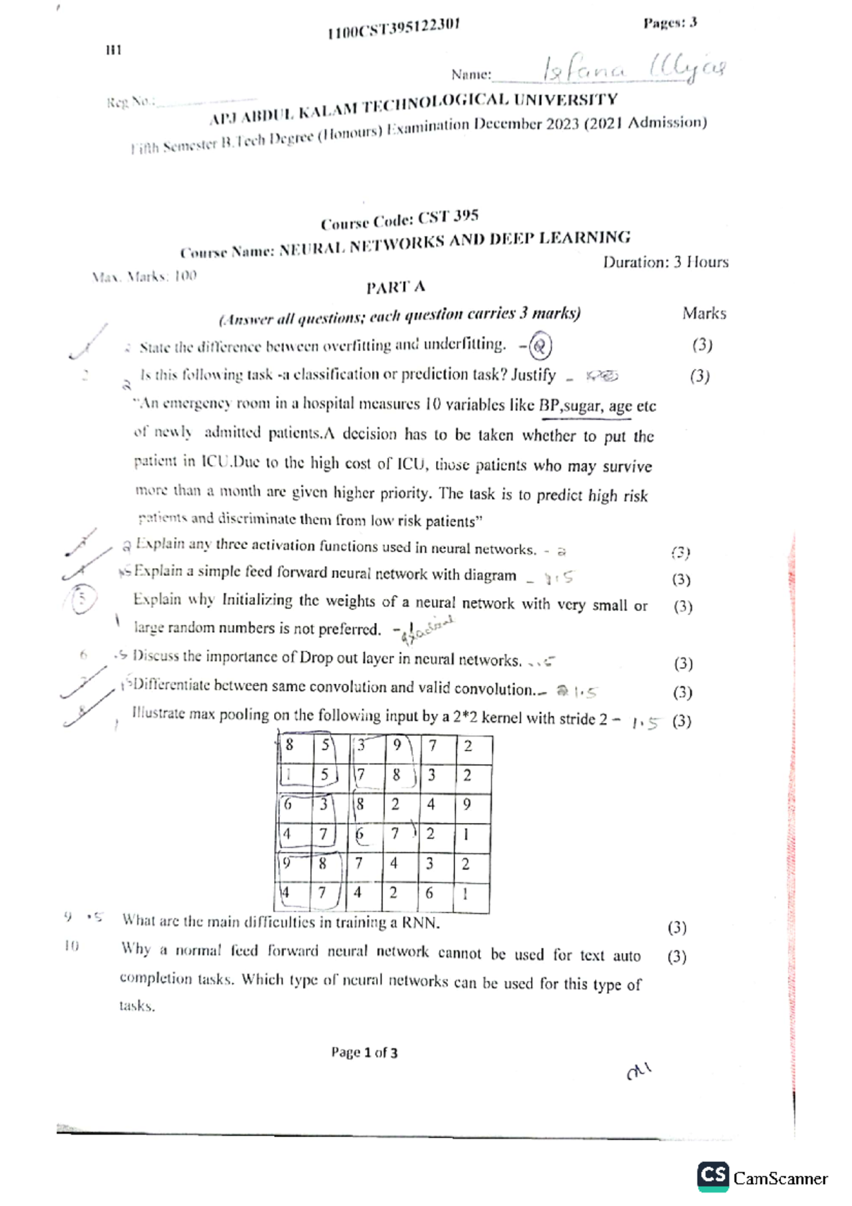 CST 395 Neural Network and Deep learning question paper ...