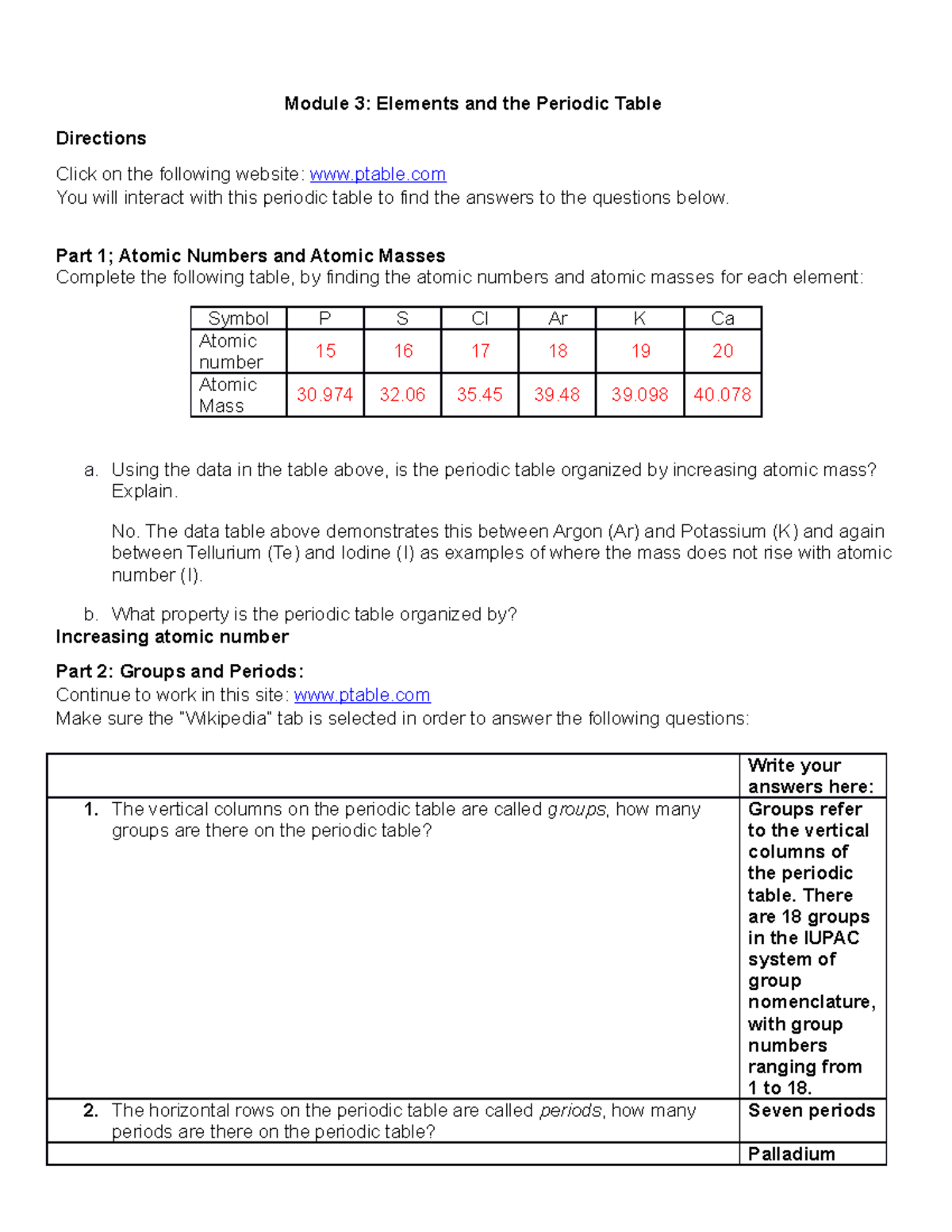 Module 3; Elements and the Periodic Table - Module 3: Elements and the Periodic Table Directions ...