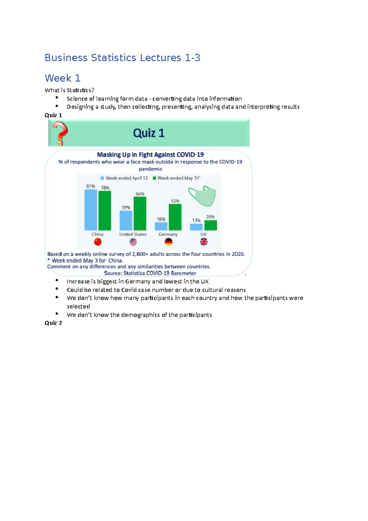 STAt1250 wk 1-3 - Lecture summaries week 1-3 - Business Statistics Lectures 1- Week 1 What is ...