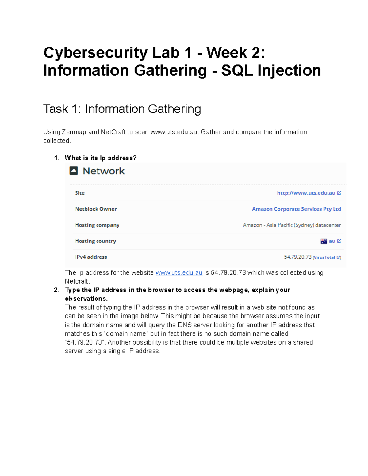 Cyber Sec Lab 1 - Cybersecurity Lab 1 - Week 2: Information Gathering ...