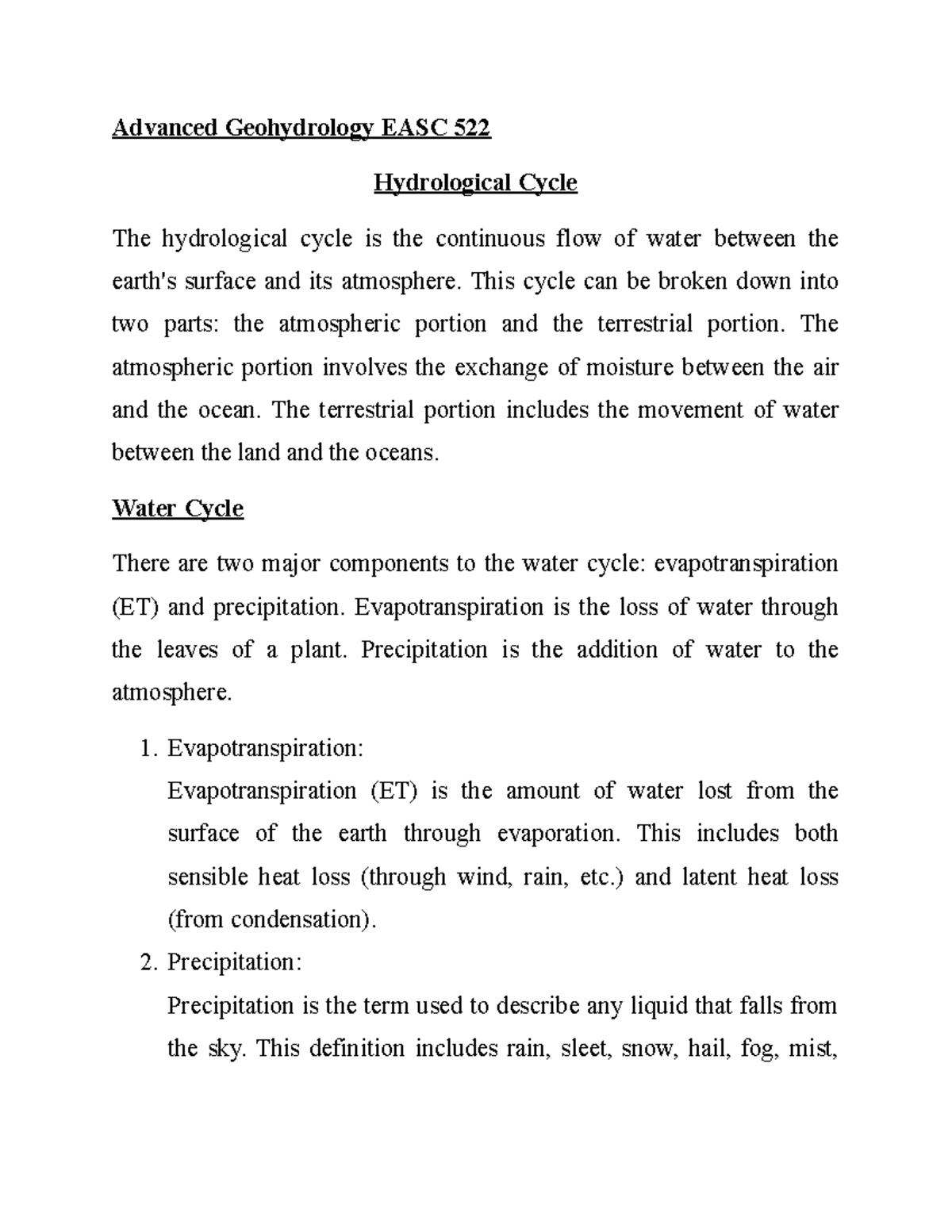 Hydrological cycle Advanced Geohydrology EASC 522 - Advanced ...