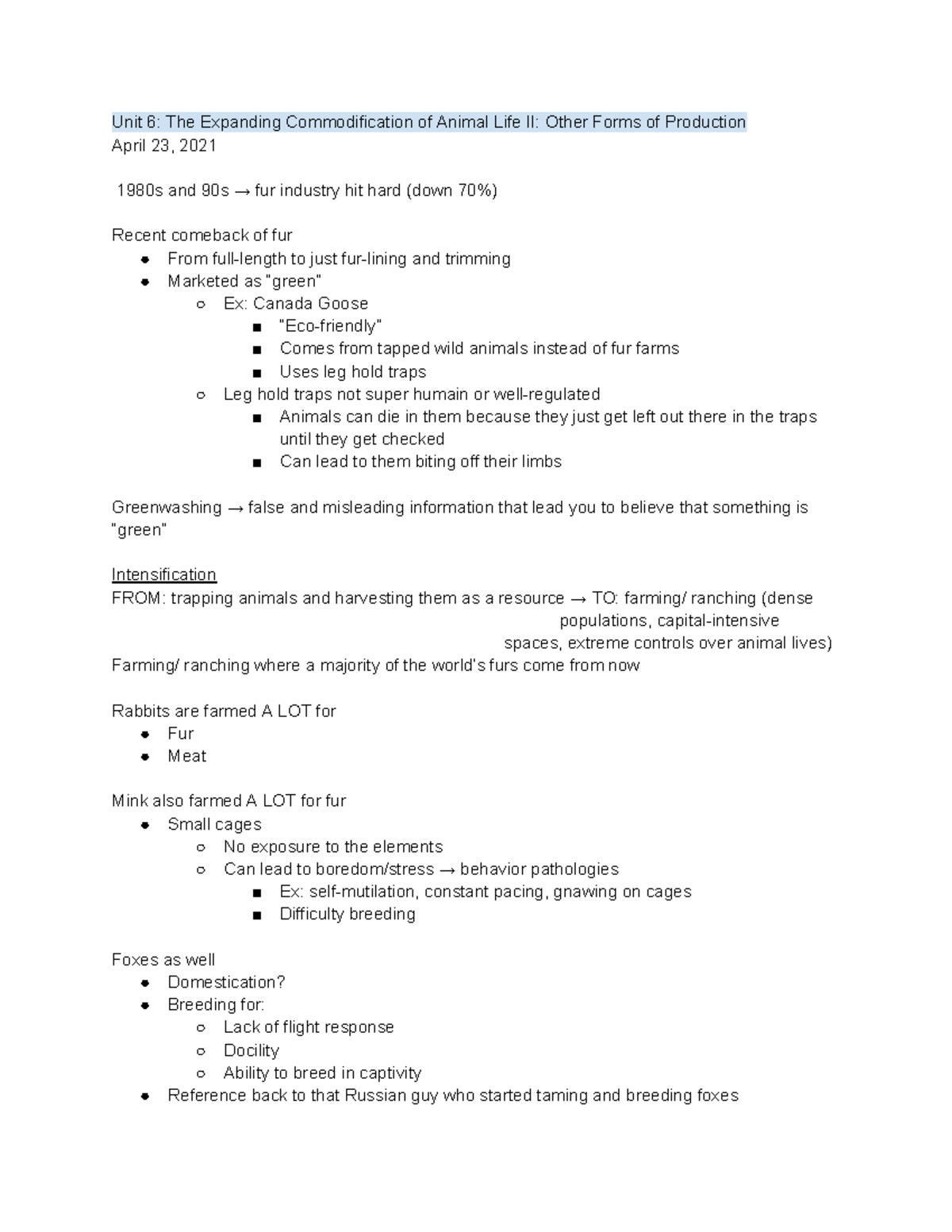 Unit 6 The Expanding Commodification of Animal Life II Other Forms of ...