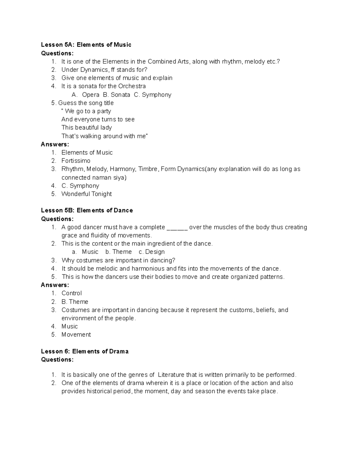 Art App Game Questions Answers - Lesson 5A: Elements of Music Questions ...