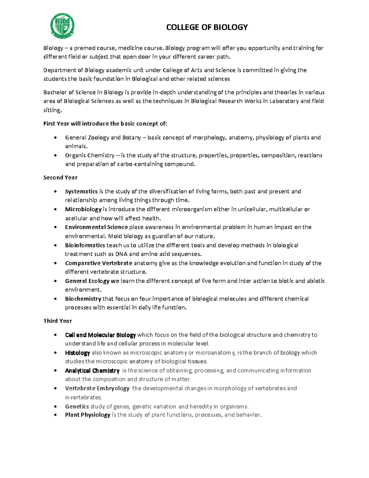 College-of-Biology 1 - Biology – a premed course, medicine course ...
