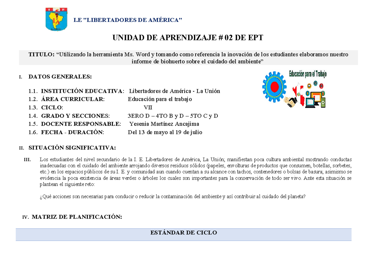 2da Unidad EPT - APUNTES - UNIDAD DE APRENDIZAJE # 02 DE EPT TITULO ...