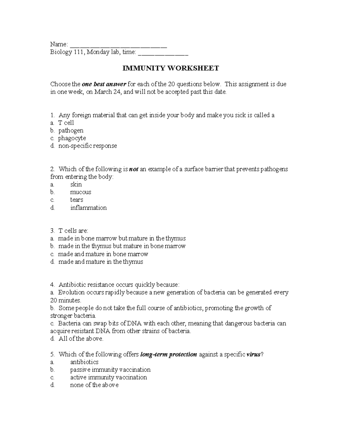 Immunity Worksheet - Summary Notes and questions. - - Studocu