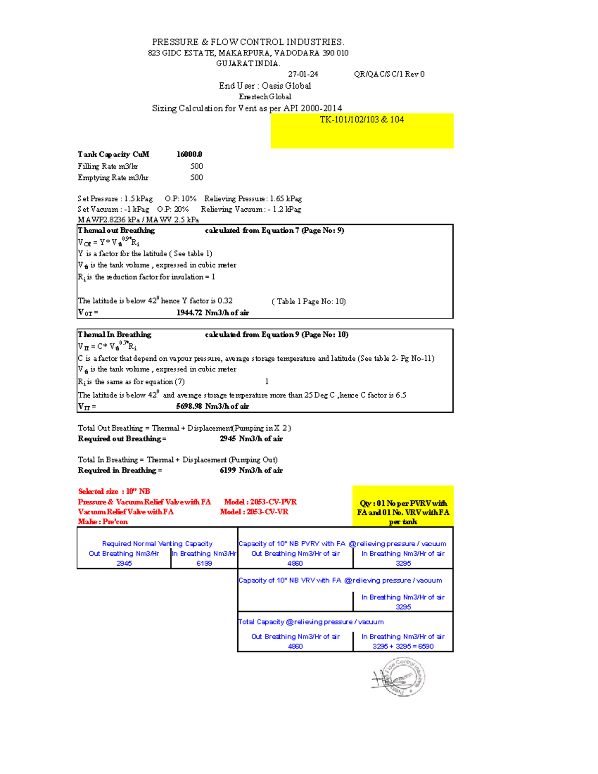 Sizing Enertech - Just - 27-01-24 QR/QAC/SC/1 Rev 0 Tank Capacity CuM ...