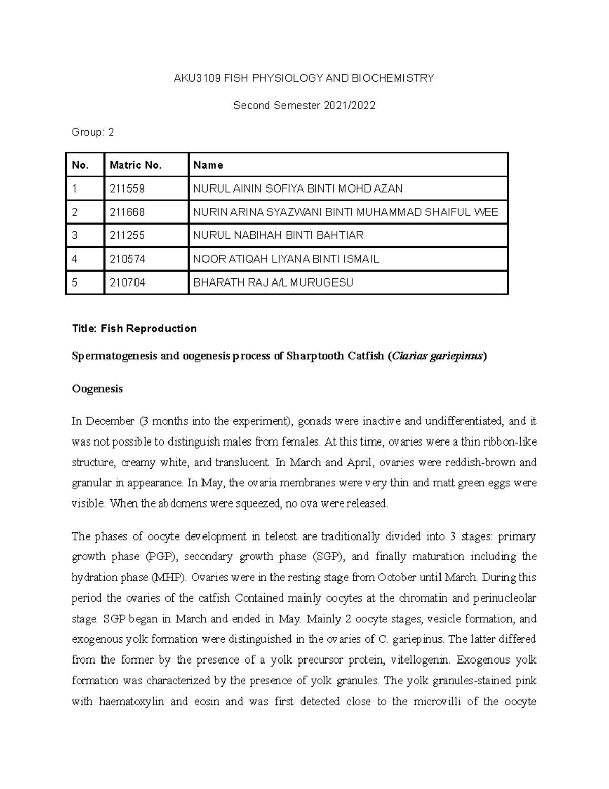 Group 2 LAB Report Practical 4 5 AKU3109 FISH Physiology AND ...