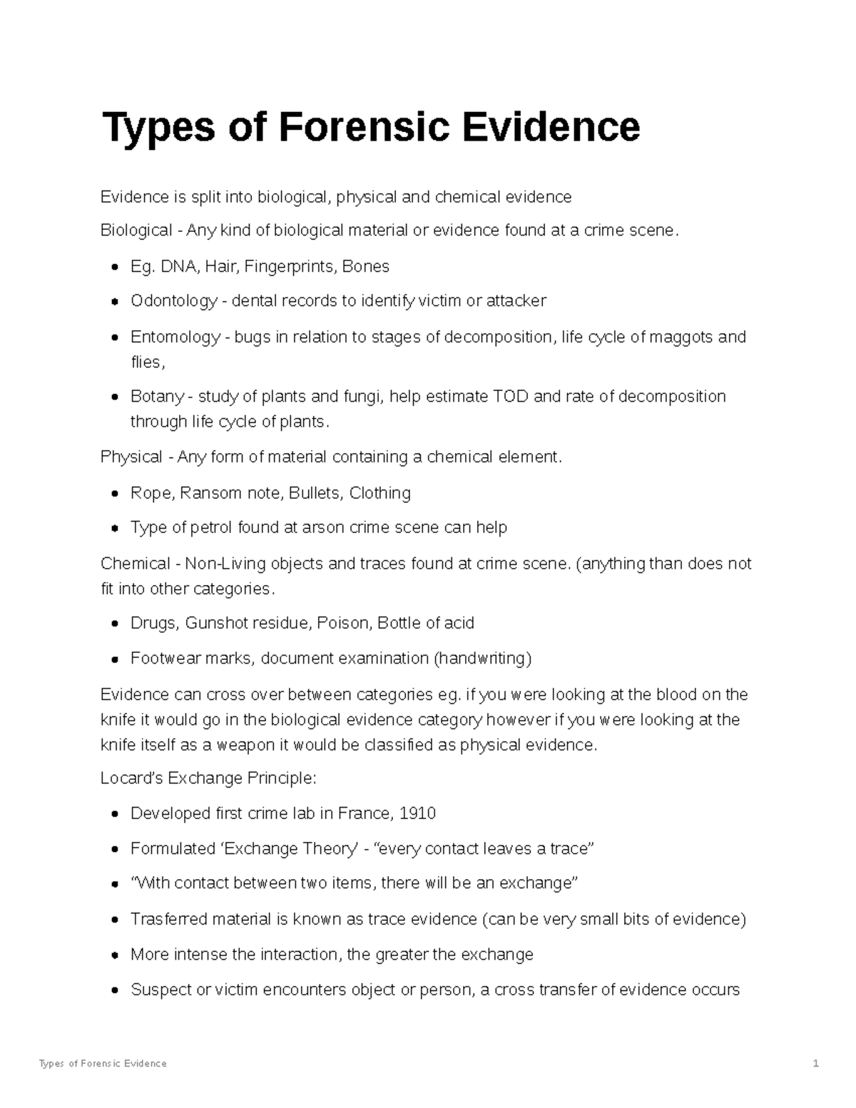 Types of Forensic Evidence - Eg. DNA, Hair, Fingerprints, Bones ...