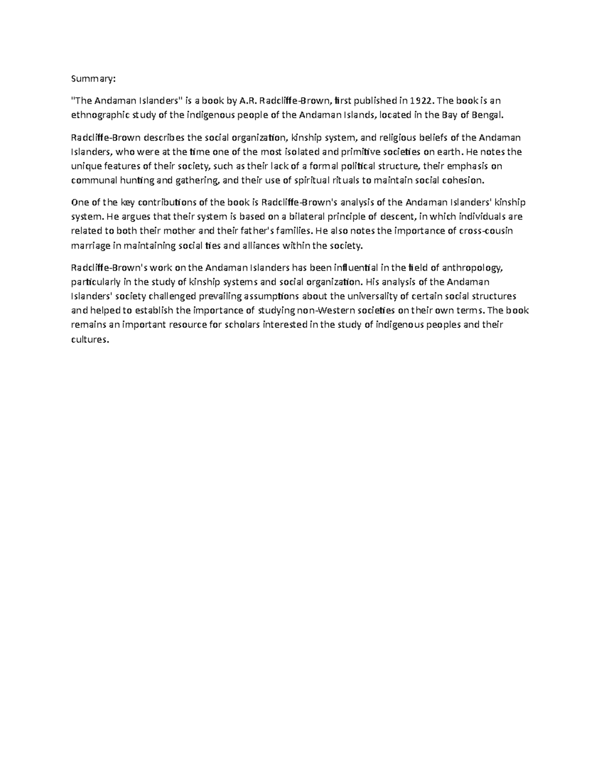 Summary on The Andaman Islanders by A.R. Radcliffe-Brown - Summary ...
