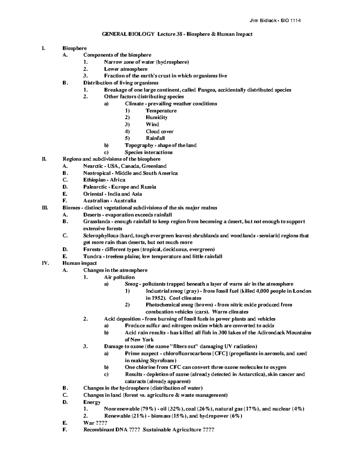 L38-Biosphere - Lecture - Jim Bidlack - BIO 1114 GENERAL BIOLOGY ...