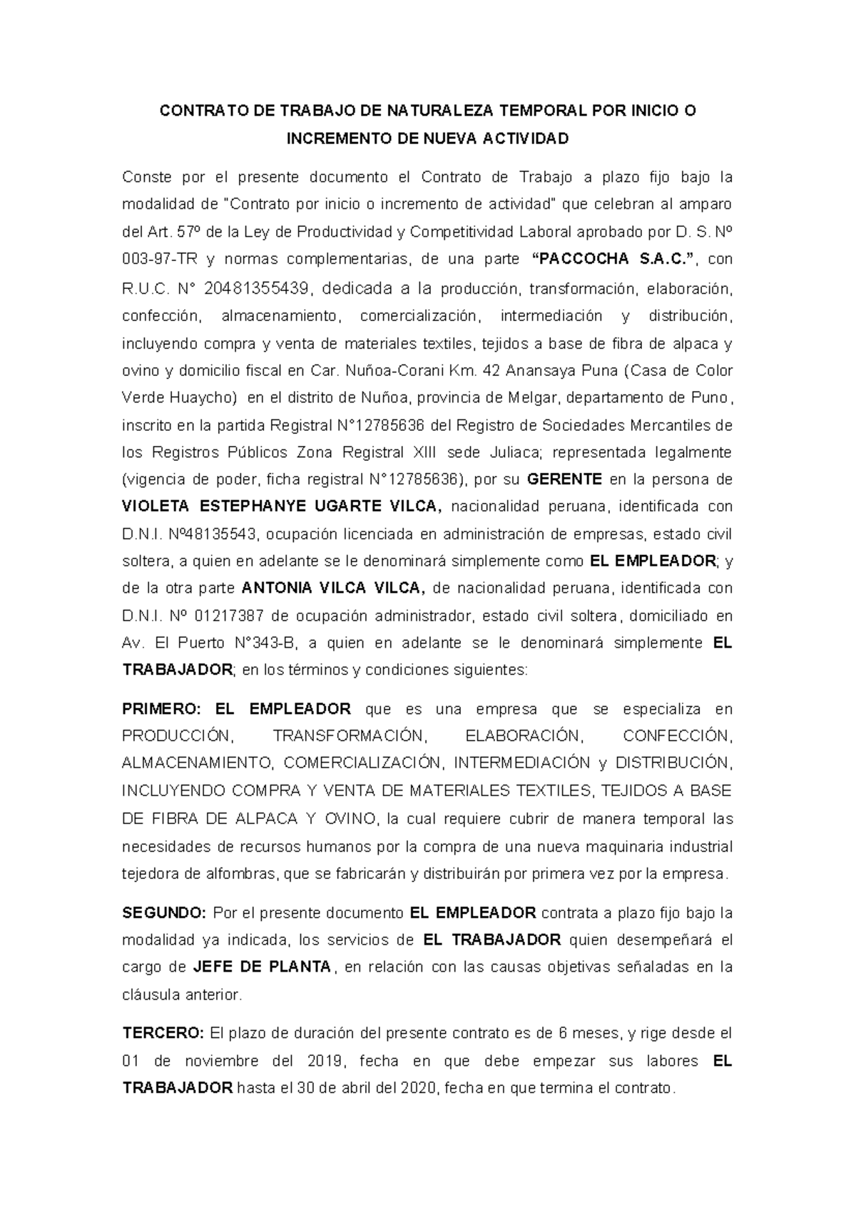 01.inicio de actividad - CONTRATO DE TRABAJO DE NATURALEZA TEMPORAL POR INICIO O INCREMENTO DE ...