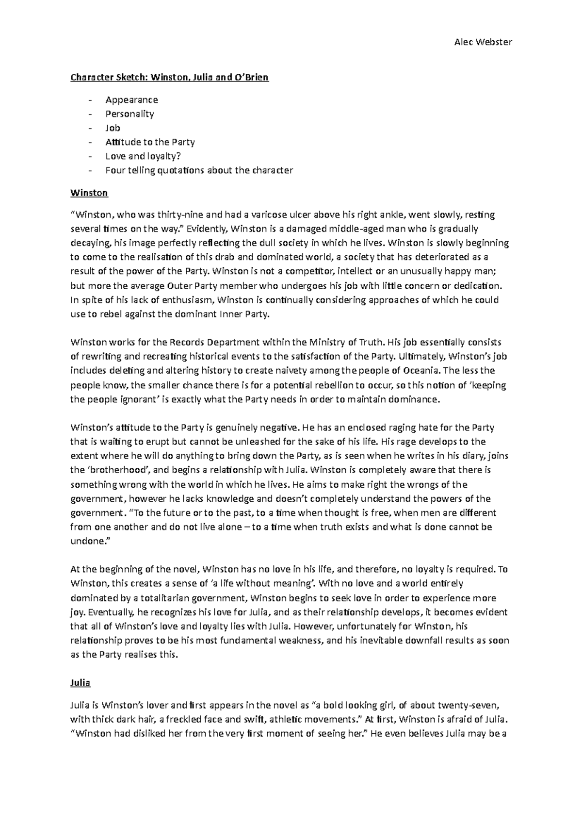 Notes on Major Characters - Alec Webster Character Sketch: Winston ...