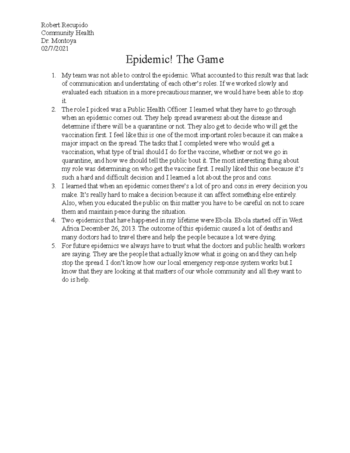 Epidemic - notes - Robert Recupido Community Health Dr. Montoya 02/7 ...