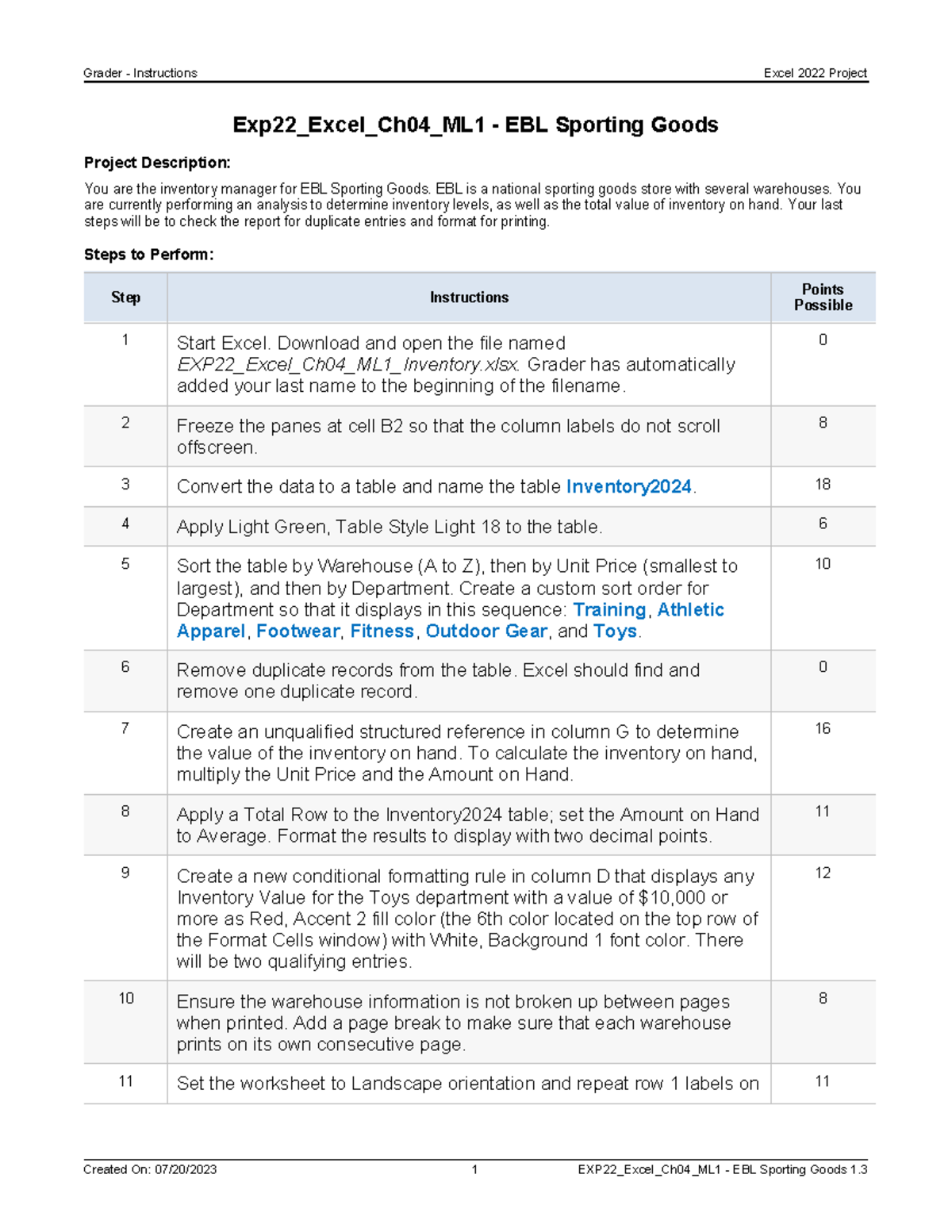 Exp22 Excel Ch04 ML1 - EBL Sporting Goods Instructions - Grader - Instructions Excel 2022 ...