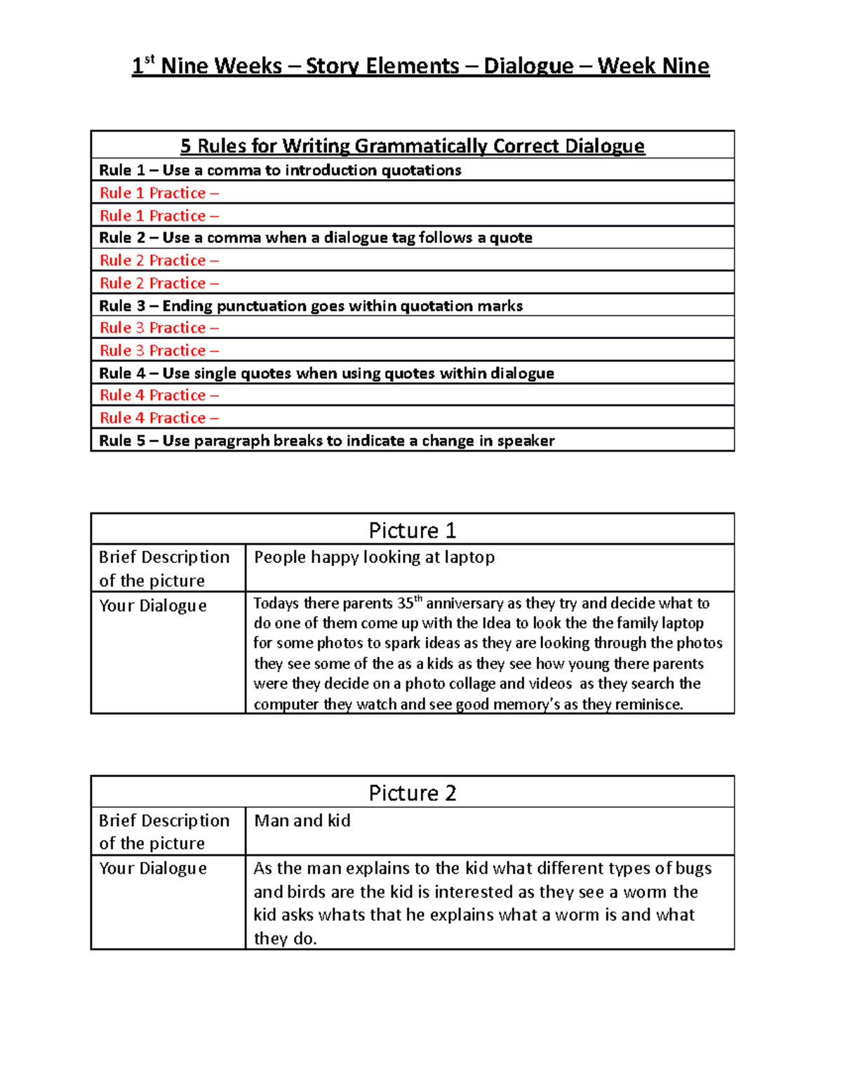 1st Nine Weeks - Story Elements - Dialogue-1 - 1 Nine Weeks – Story ...