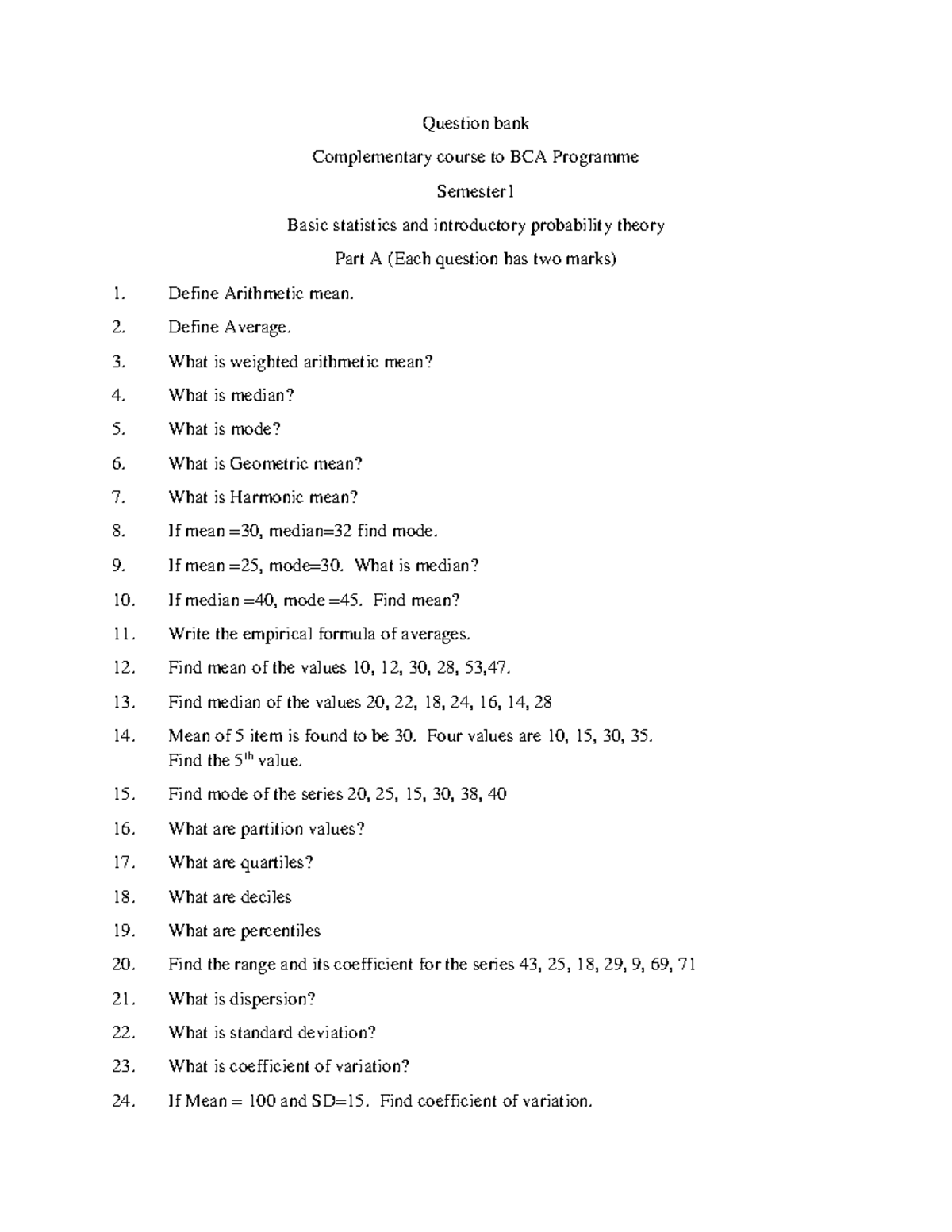 Basic Statistics and Introductory Probability Theory,BCA 1st Semester - Question bank ...