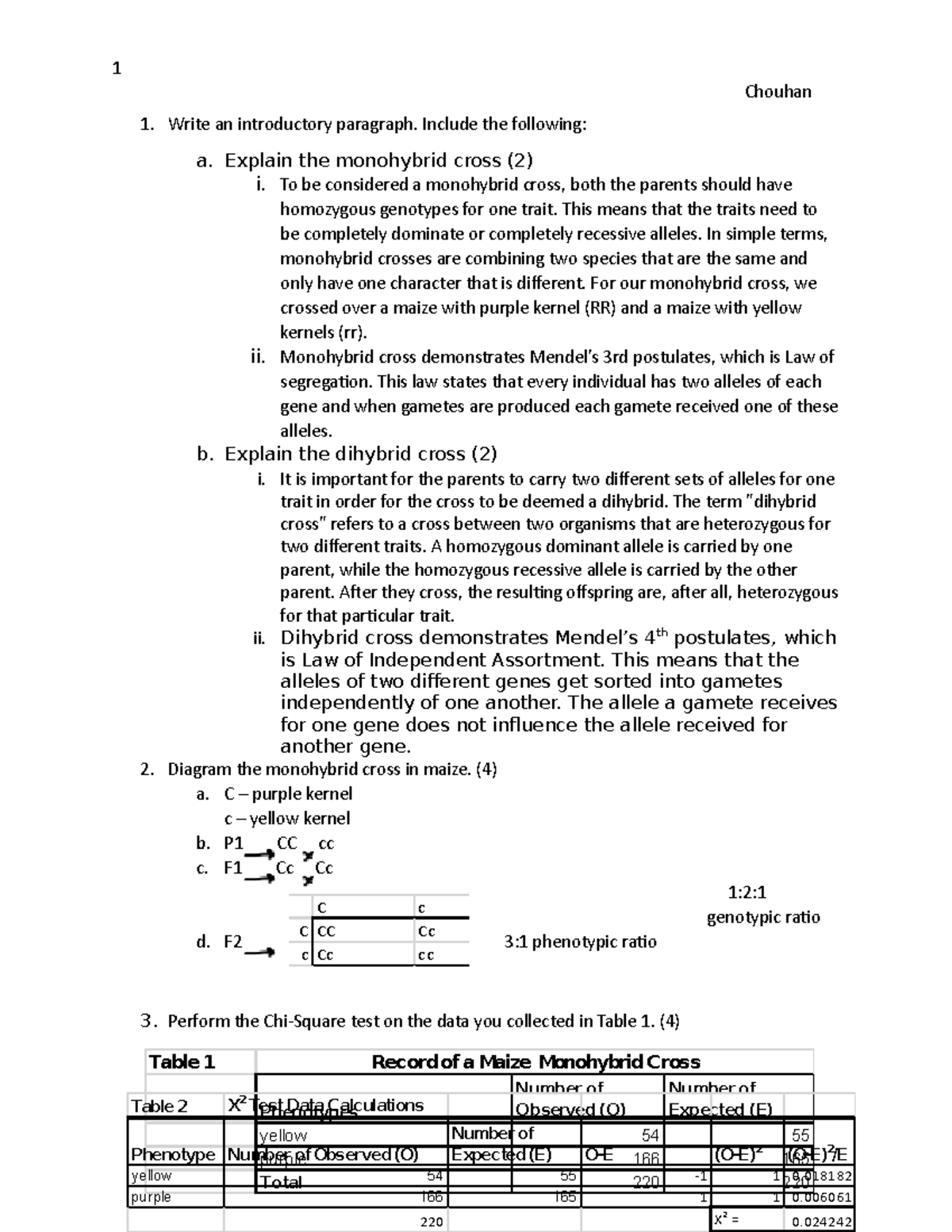 Lab ass. 1 mono-dihybrid crosses answers copy - 1 Chouhan 1. Write an introductory paragraph ...