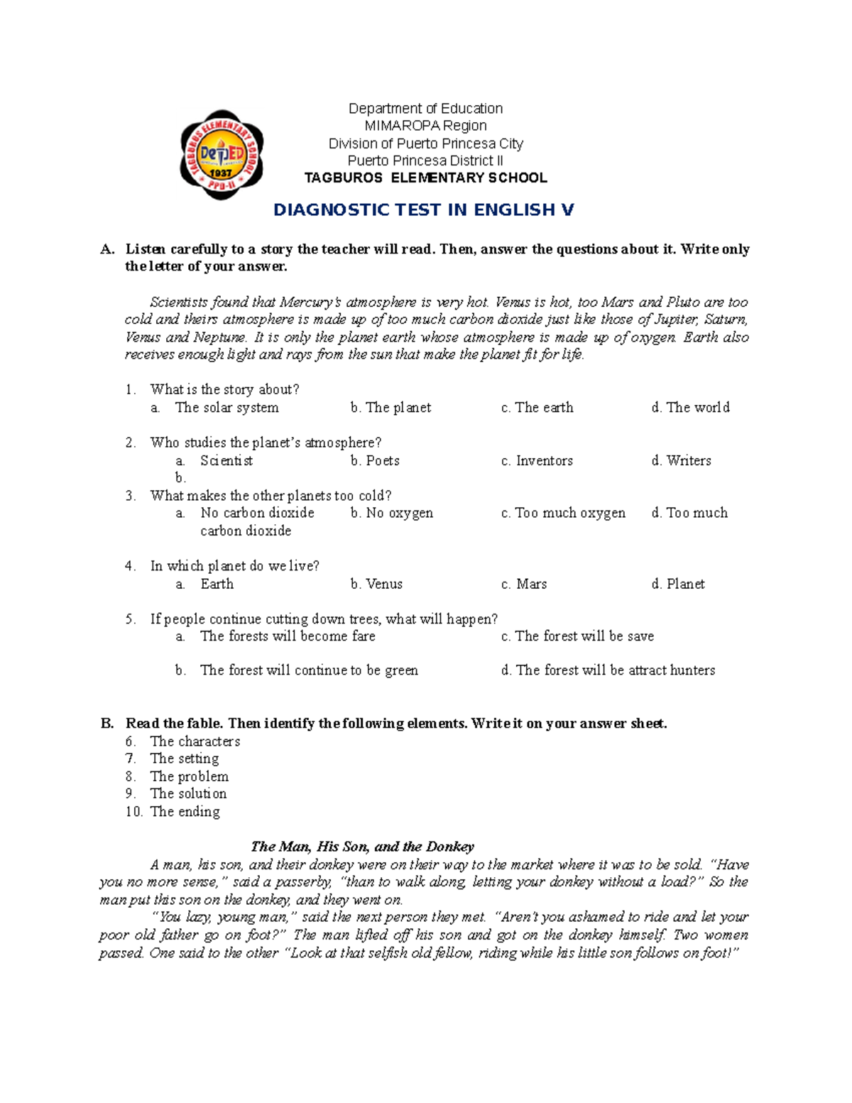 PRE-TEST English 5 - as a study or practice material for active ...