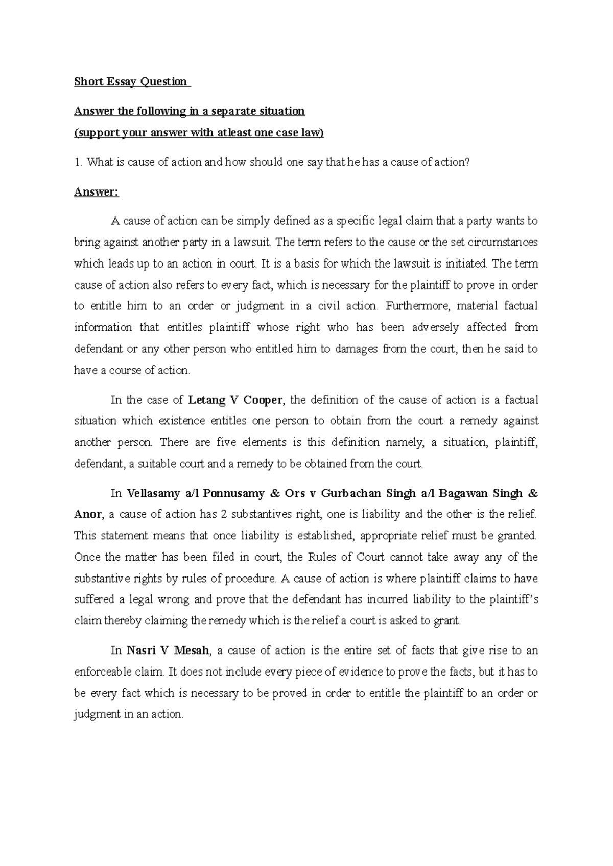 Civil Procedure TQ2 Week 3 - Short Essay Question Answer the following ...