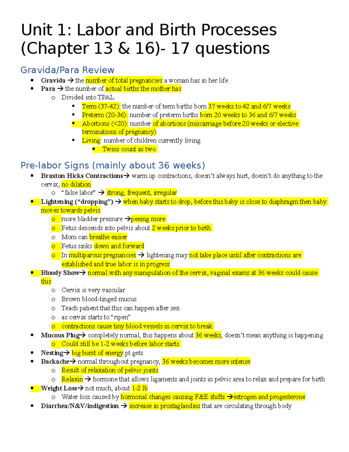 Unit 1 Labor and Birth Processes - Unit 1: Labor and Birth Processes ...